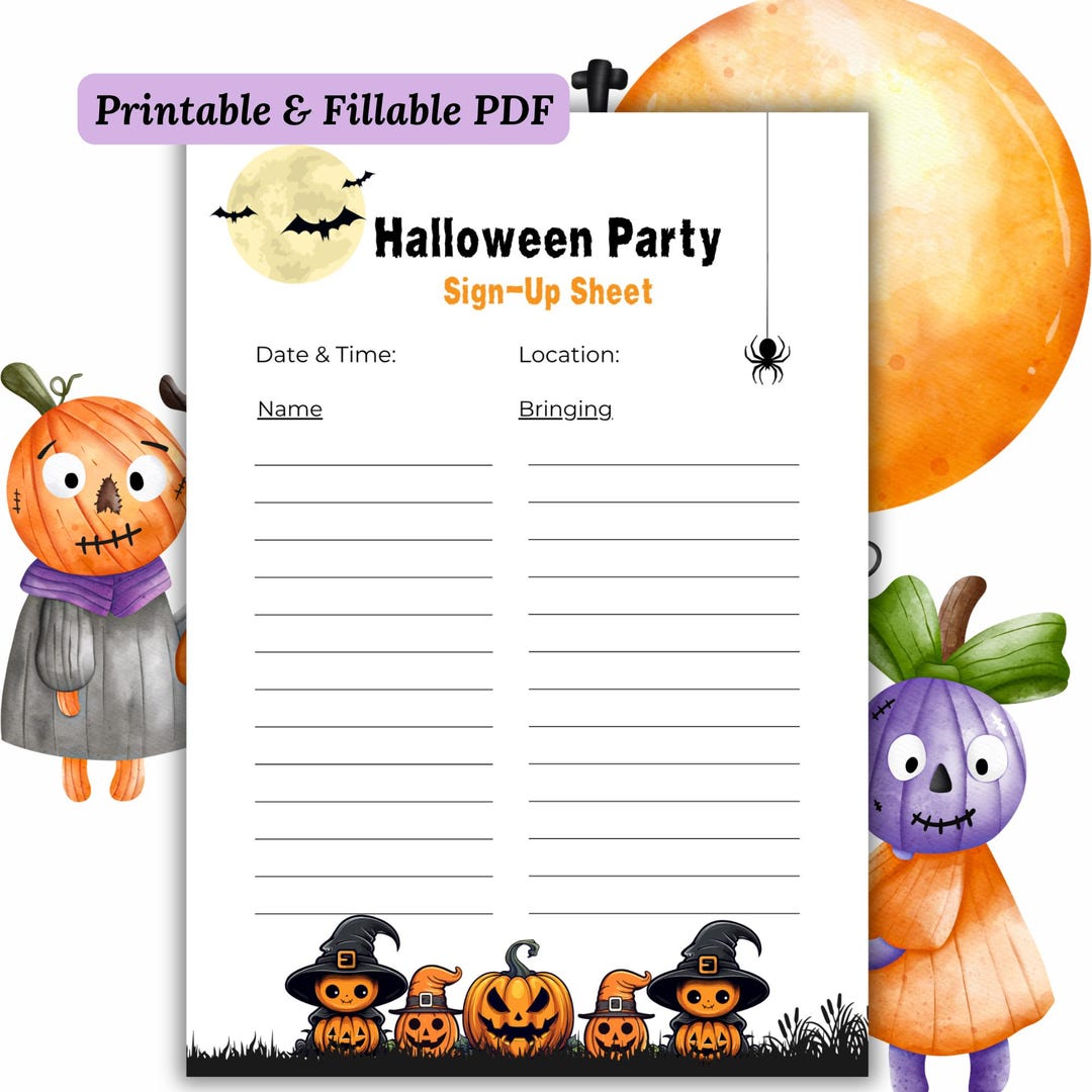 Halloween Party Sign-up Sheet | Printable & Fillable PDF | A4 and US ...