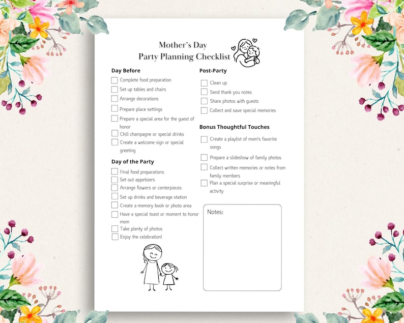 Printable Mother's Day Party Planning Checklist, Planner, Guest List ...