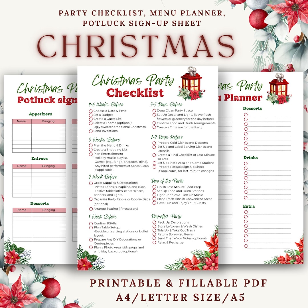 Christmas Party Checklist Printable, Menu Planner, Potluck Sign-up ...