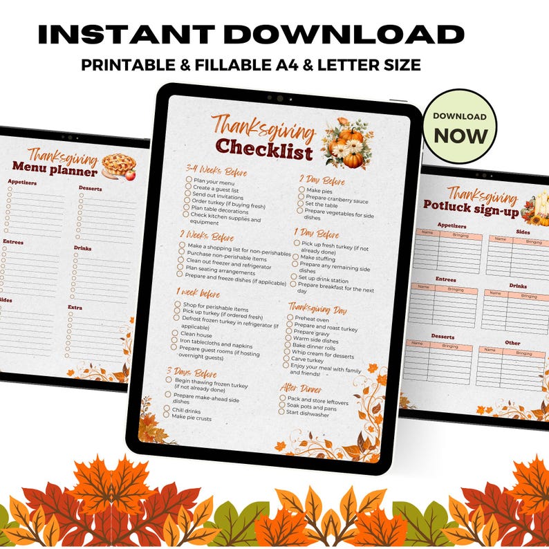 Thanksgiving Planner Bundle, Checklist, Menu, Potluck (printable PDF ...