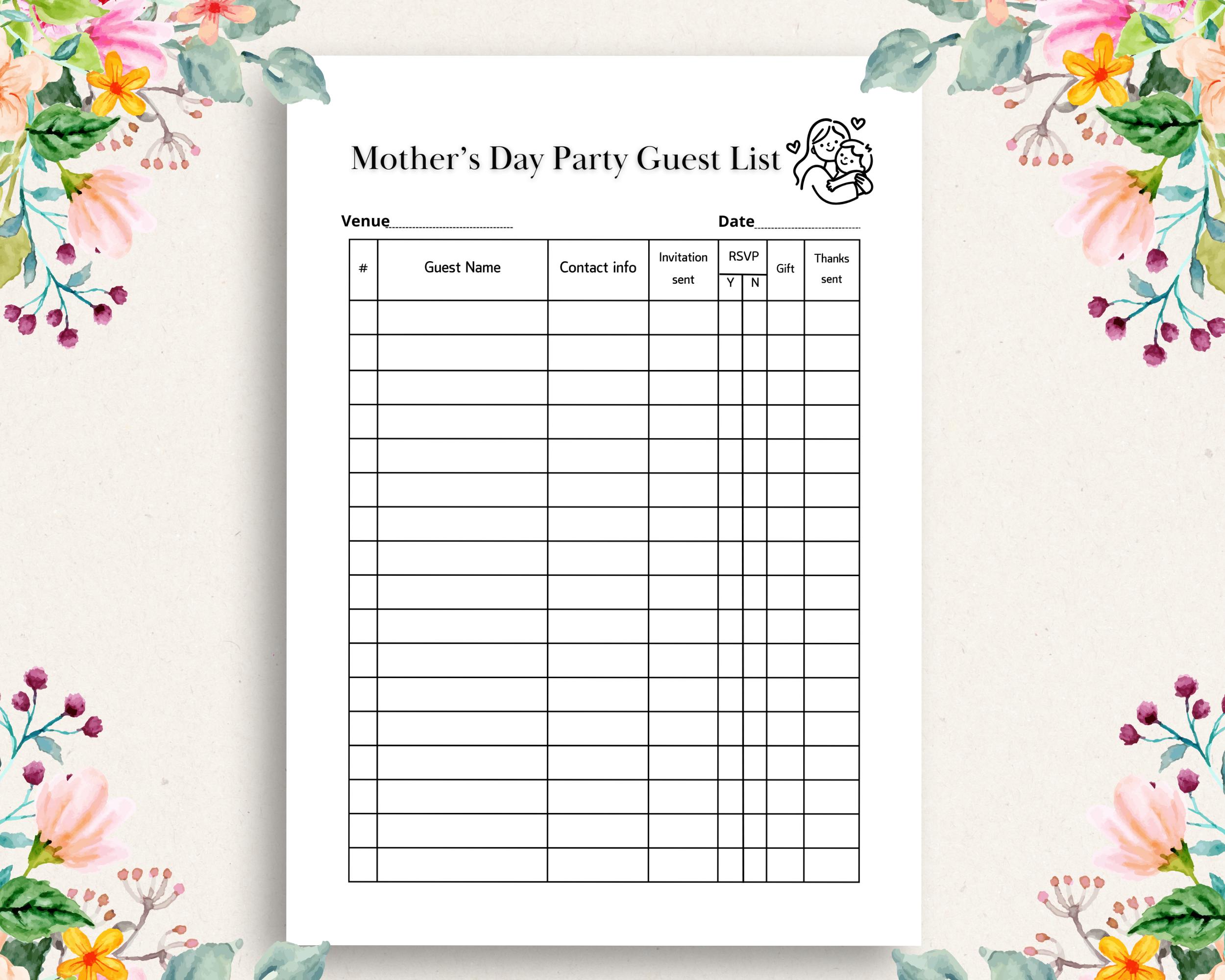 Printable Mother's Day Party Planning Checklist, Planner, Guest List ...