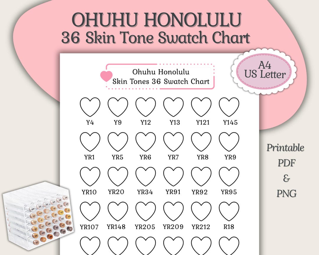 Ohuhu Honolulu 36 Skin Tone Swatch Chart | Printable Marker Color Chart ...