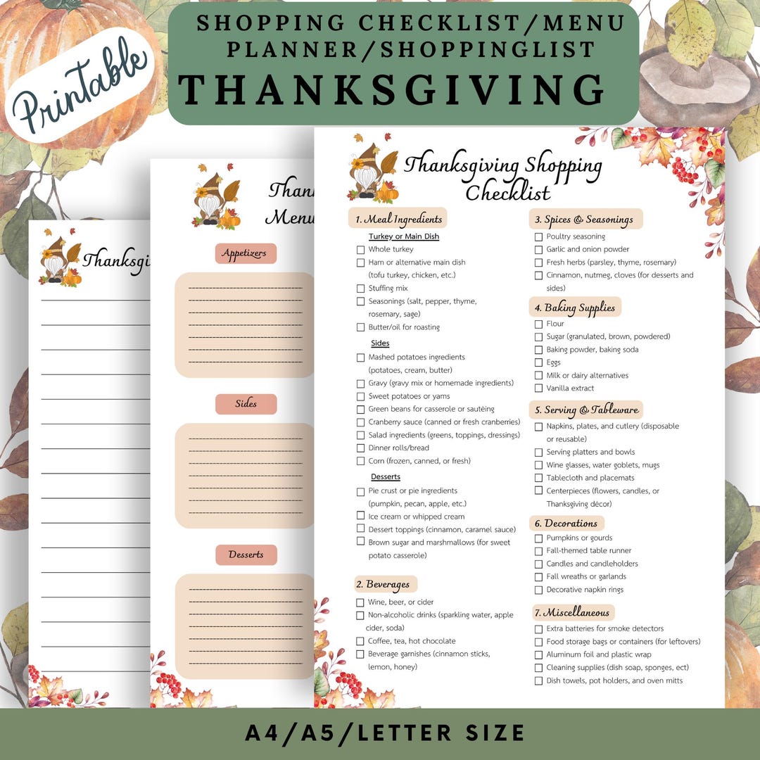 Thanksgiving Planner Bundle, Menu, Shopping List, Checklist (PDF) - Etsy