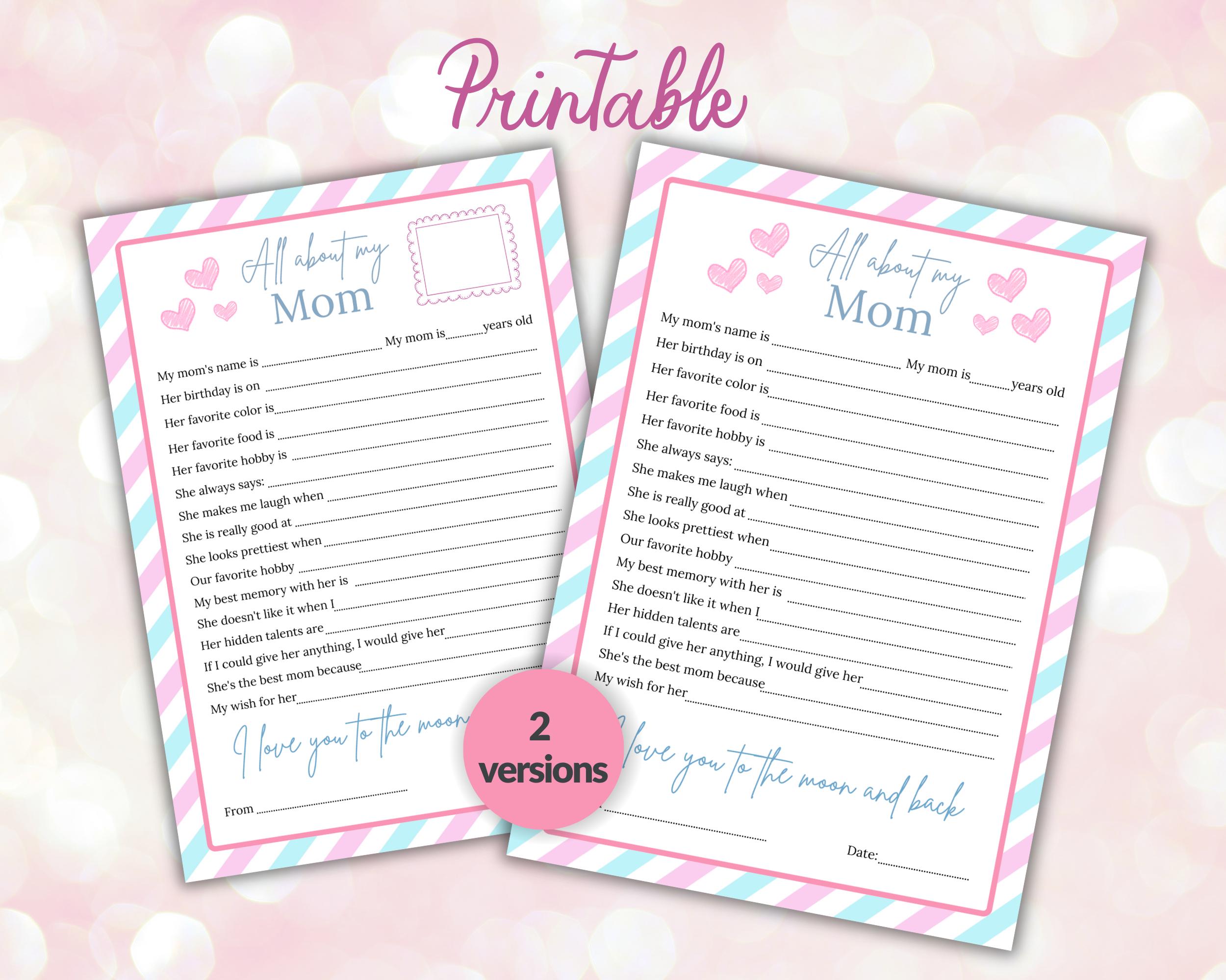 DIY Gift for Mom I All About My Mom Printable Worksheet | Mother's Day ...