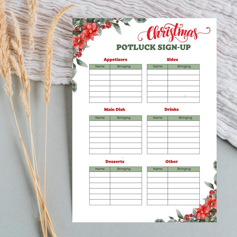 Hoja imprimible para inscribirse en la comida compartida de Navidad ...