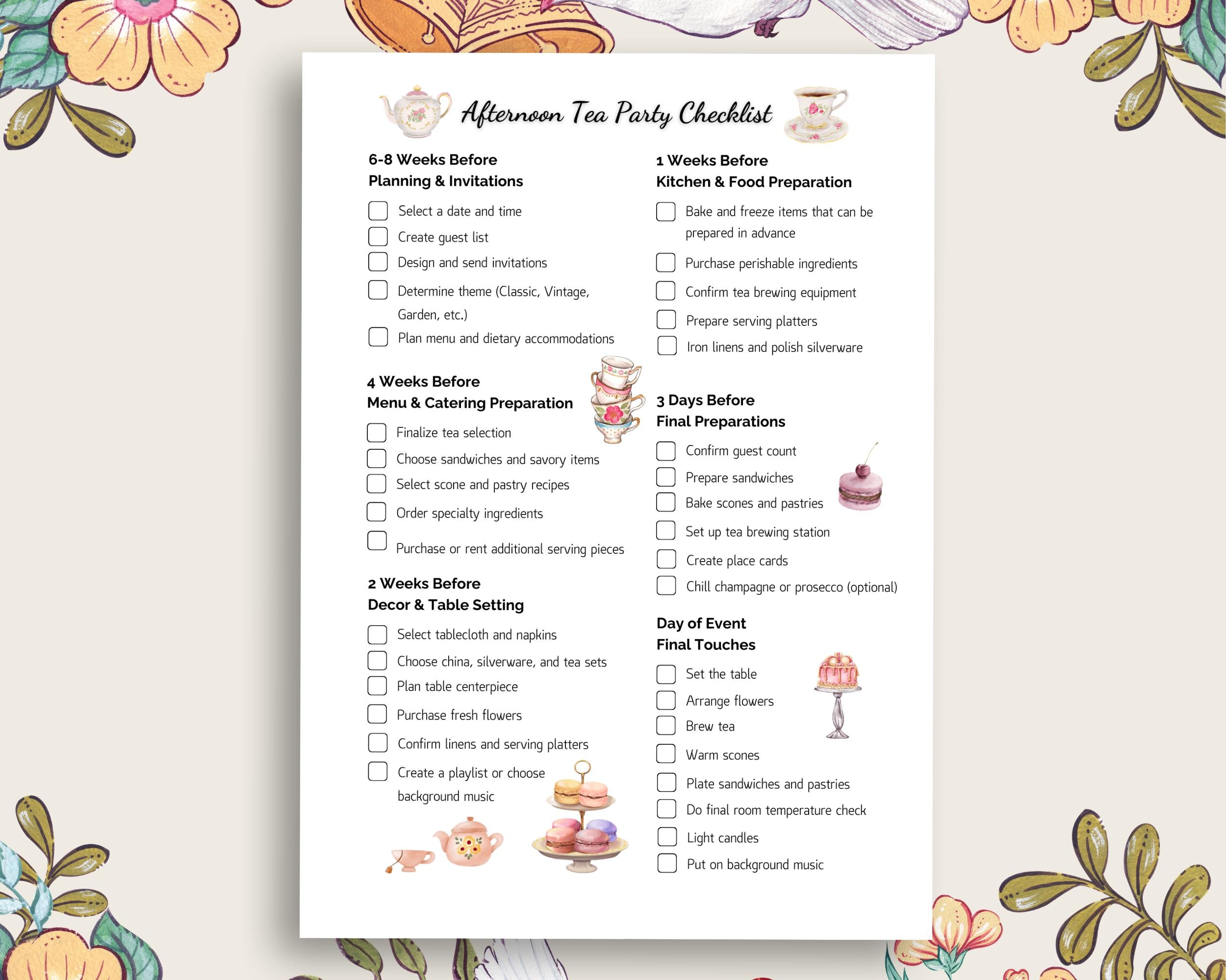 Tea Party Planning Bundle: Checklist, Guest List, Menu (digital ...