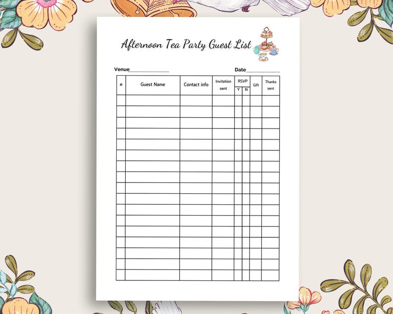 Tea Party Planning Bundle: Checklist, Guest List, Menu (digital ...