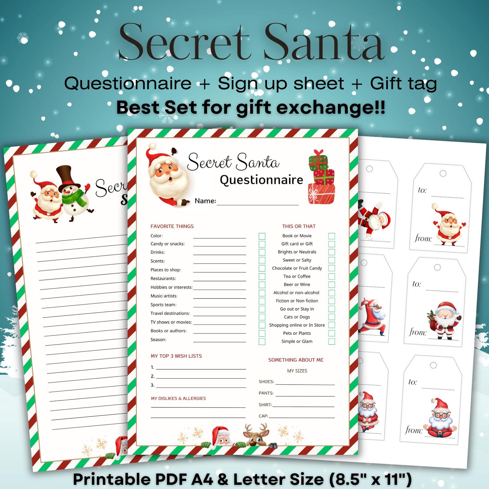 Printable Secret Santa Questionnaire With Sign-up Sheet and Gift Tags ...