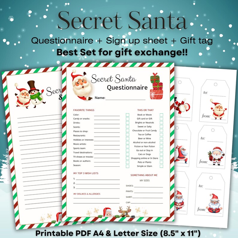 Printable Secret Santa Questionnaire With Sign-up Sheet and Gift Tags ...