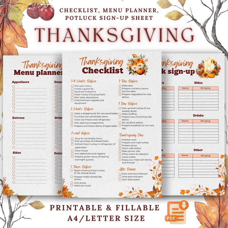 Thanksgiving Planner Bundle, Checklist, Menu, Potluck (printable PDF ...