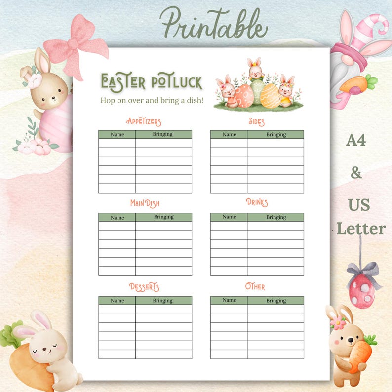 Easter Potluck Sign-up Sheet Printable, Easter Dinner Planner, Easter ...
