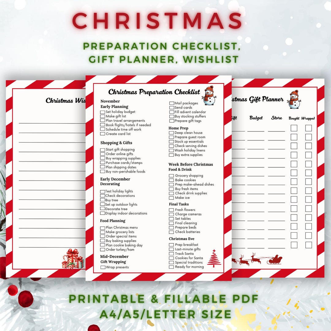 Christmas Preparation Checklist Printable, Wishlist, Gift Planner, Xmas ...