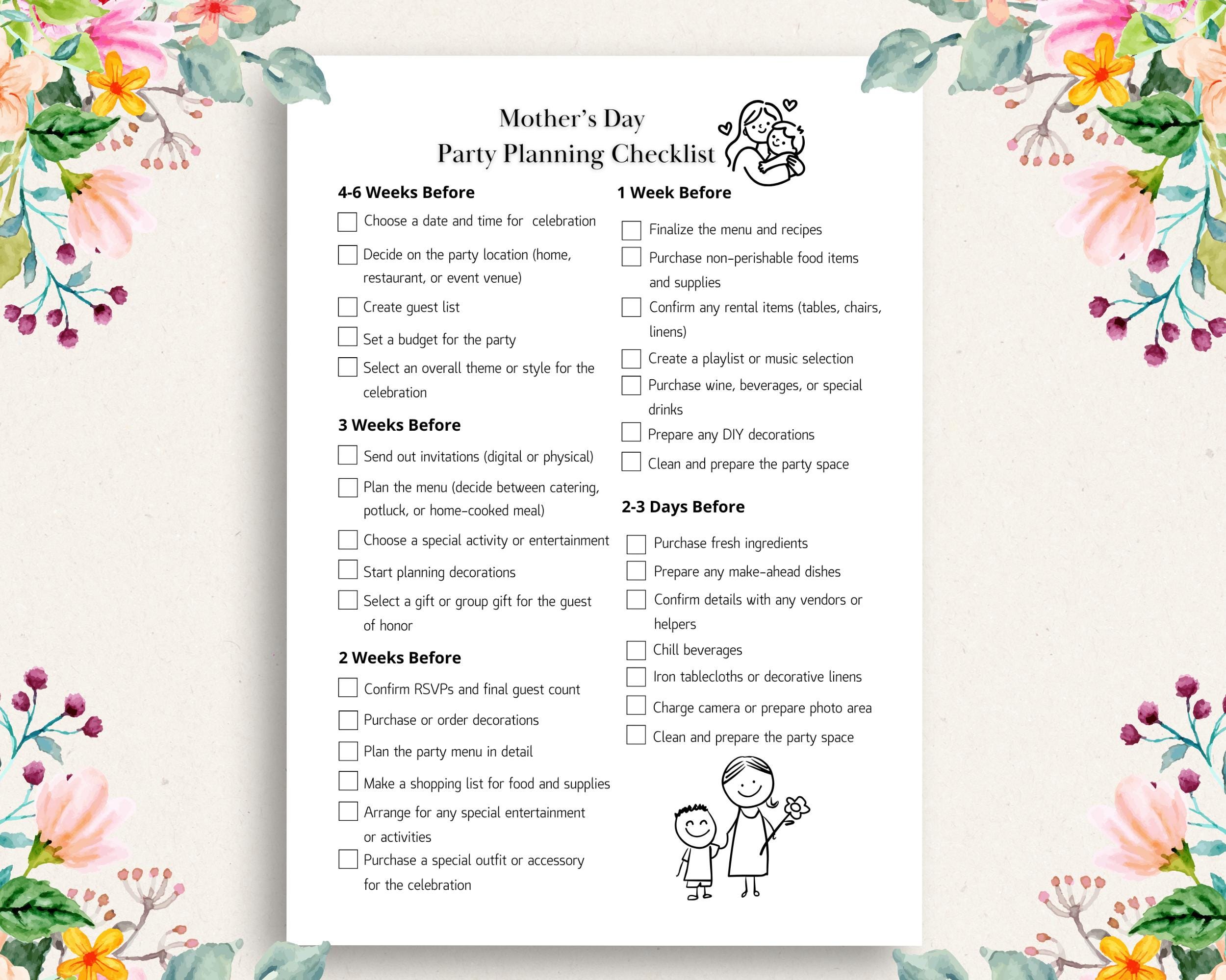 Printable Mother's Day Party Planning Checklist, Planner, Guest List ...