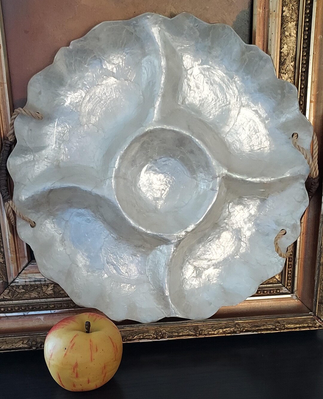Capiz Shell Tray. 5 Sections. 13" Round. Rope and Leather Handles ...