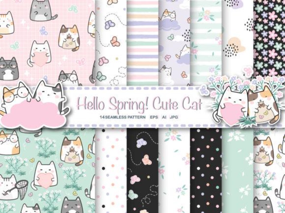 Cute Cat Digital Paper Bundle – Seamless High-resolution Backgrounds ...