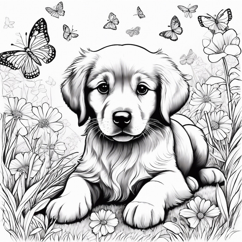 Adorable Puppy Coloring Page With Flowers & Butterflies – Printable ...