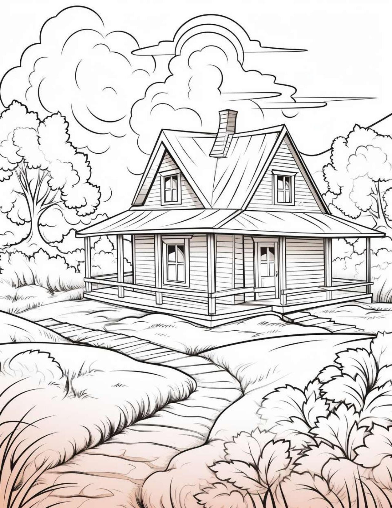 Autumn Scenery Coloring Page | Cozy Countryside Printable| Coloring ...