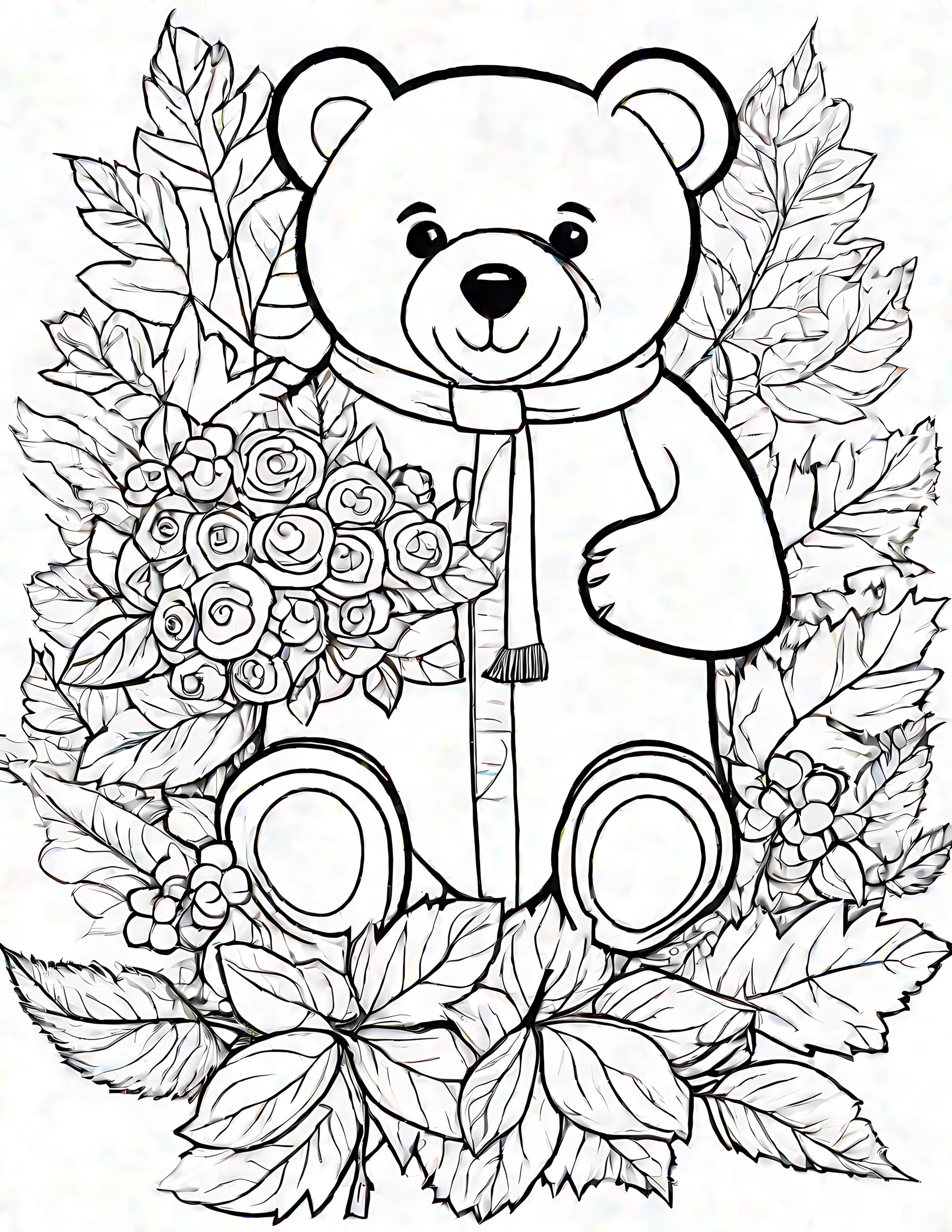 Floral Teddy Bear Coloring Page – Printable Digital Download for Kids ...
