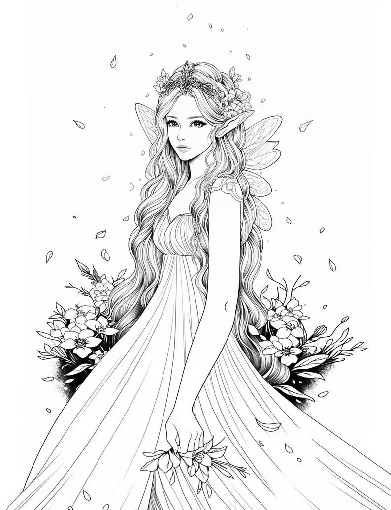 Fairy Princess Coloring Page: Floral Fantasy Art (PDF) - Etsy