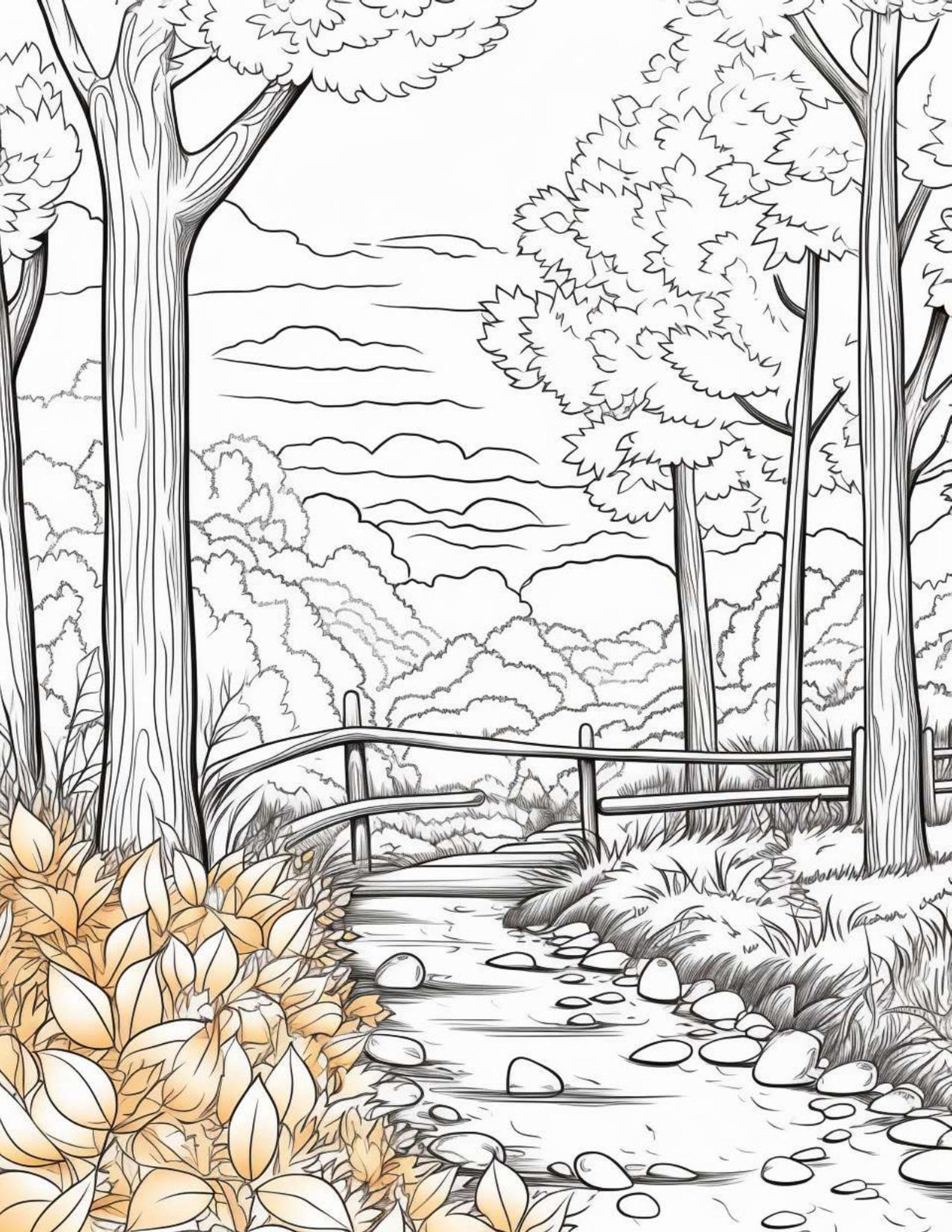 Autumn Scenery Coloring Page Cozy Countryside Printable Coloring Page ...