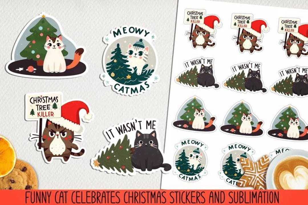 Funny Cat Christmas Stickers Meowy Catmas and Sublimation Designs - Etsy