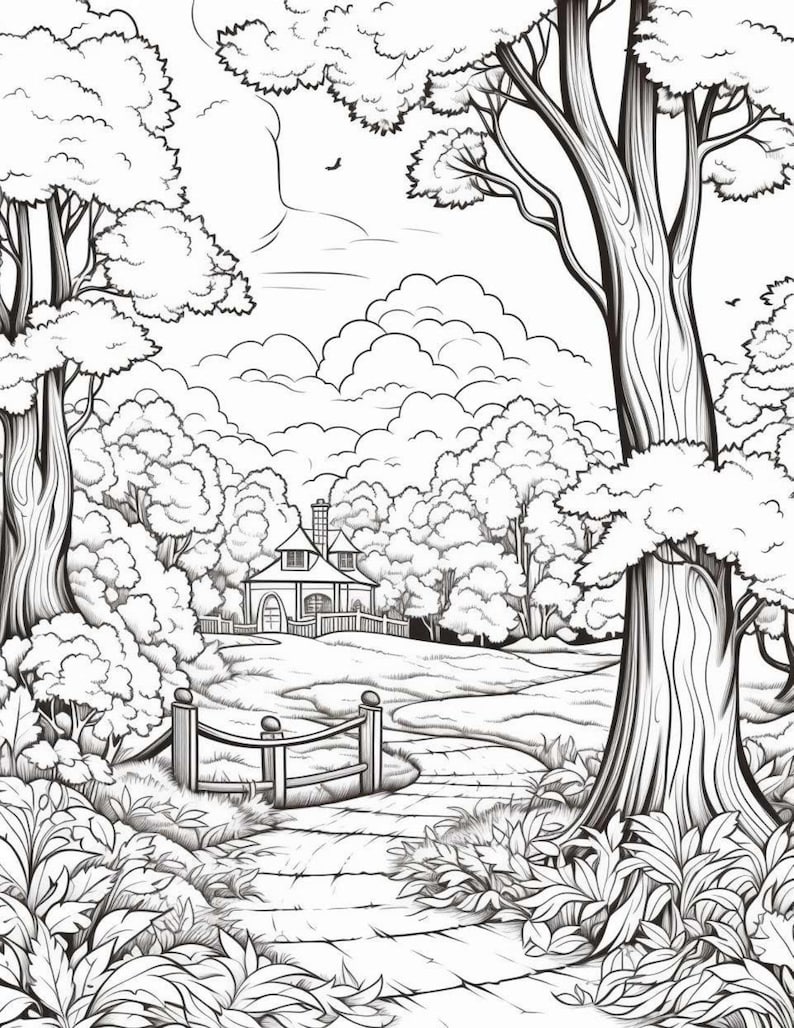 Autumn Scenery Coloring Page | Cozy Countryside Printable| Coloring ...