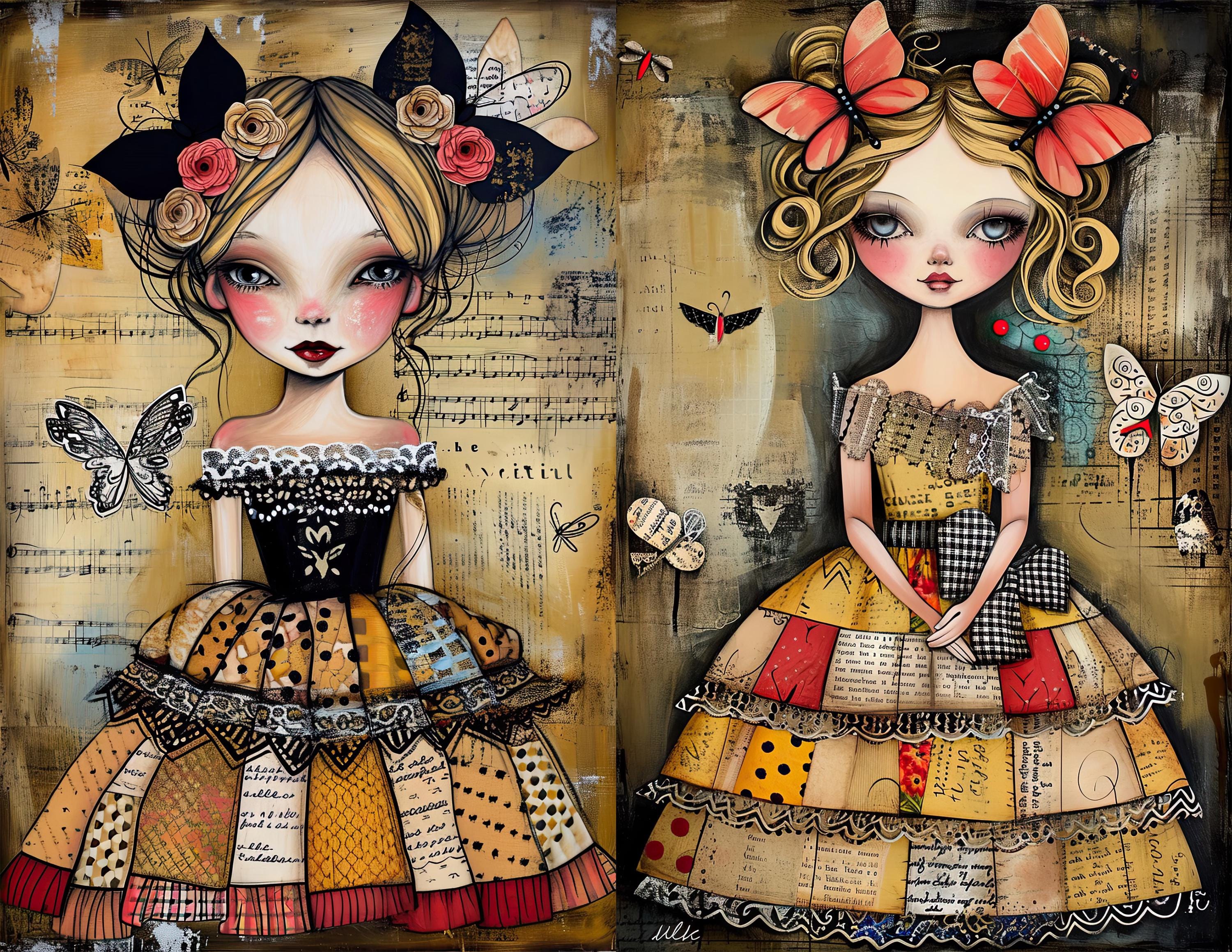 Whimsical Scrapbook Dolls Journal Art Print – Mixed Media Illustration ...