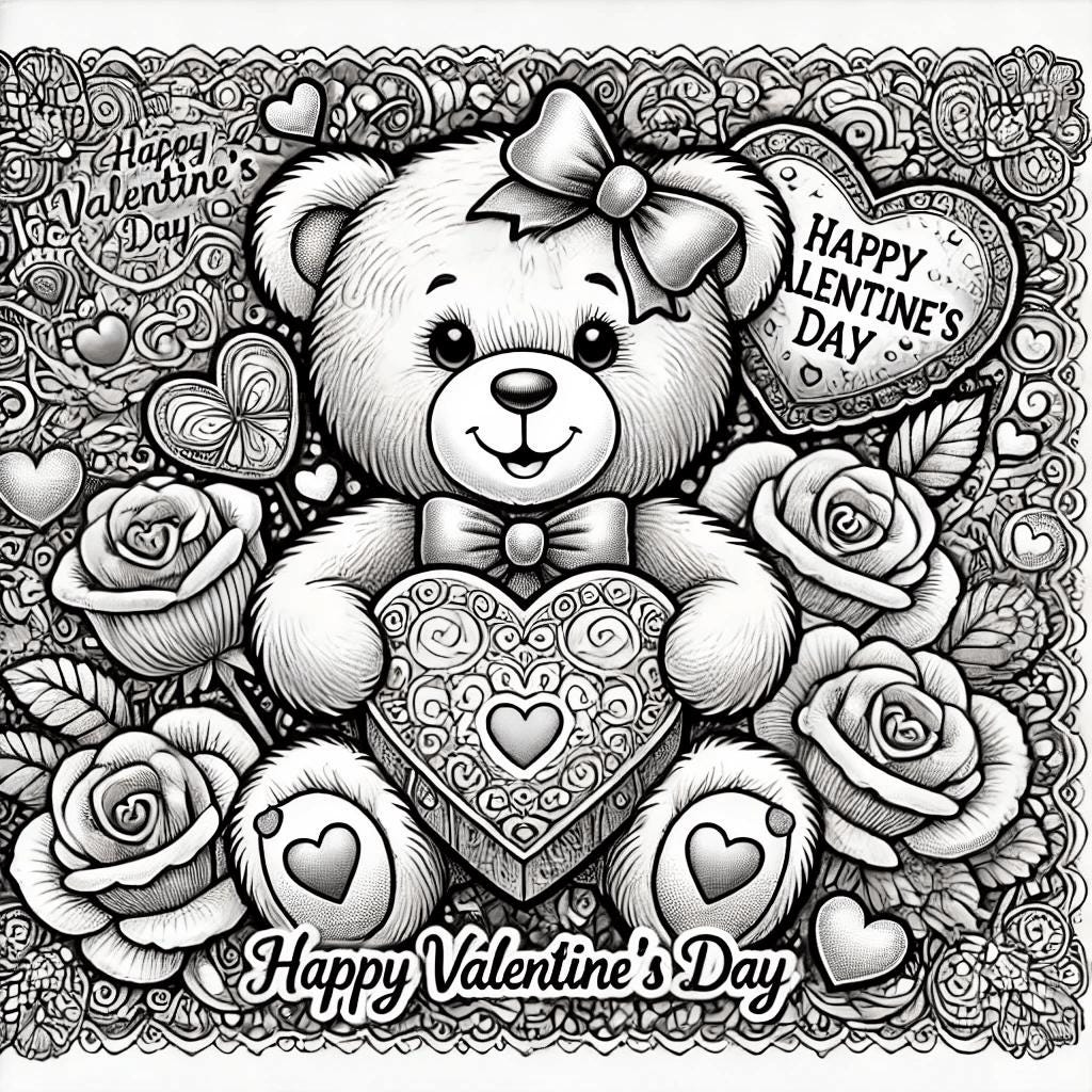 Teddy Bear Valentine's Day Coloring Page - Printable Heart Sheet ...