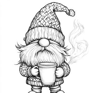 Cozy Gnome Coloring Page – Winter Gnome With Hot Drink - Etsy