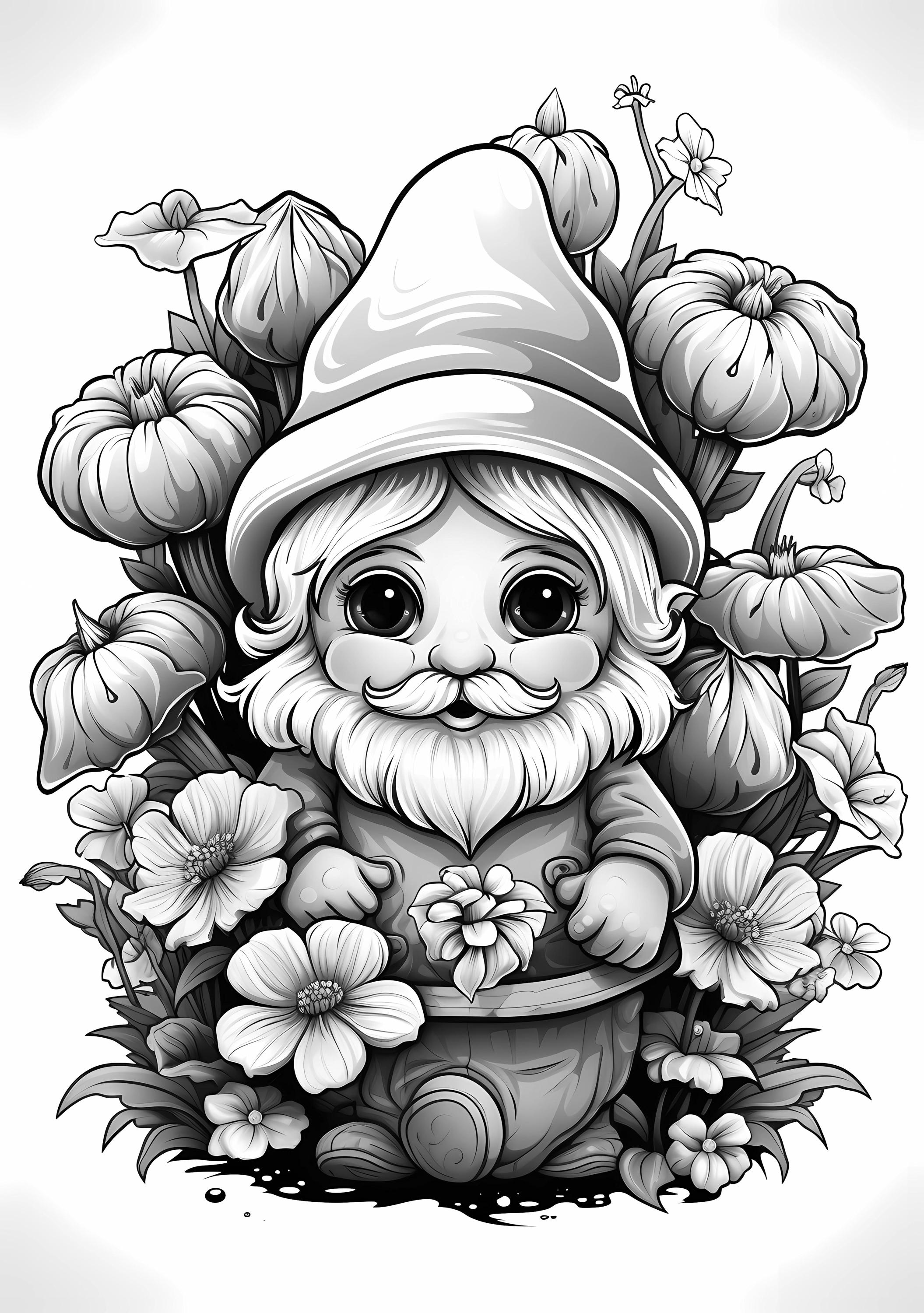 Kawaii Gnome Coloring Pages | Printable Cute Gnome Coloring Book for ...
