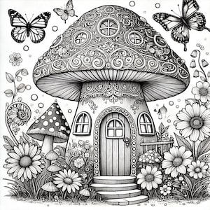 Mushroom House Coloring Page: Whimsical Fairy Cottage (digital Download ...