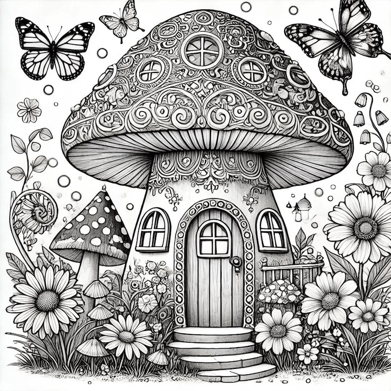 Mushroom House Coloring Page: Whimsical Fairy Cottage (digital Download ...