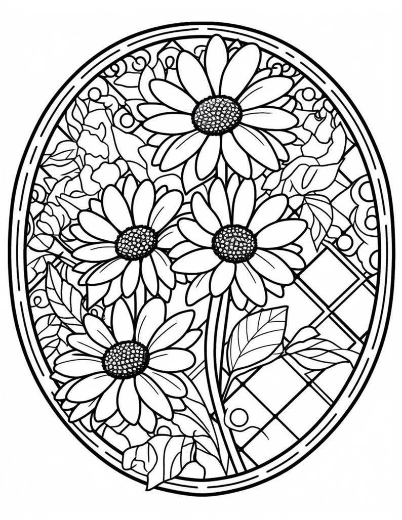 Stained Glass Flower Coloring Page for Adults – Printable Floral Art ...