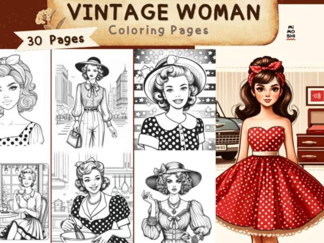 Vintage Woman Coloring Page – Retro Fashion Design for Adults ...