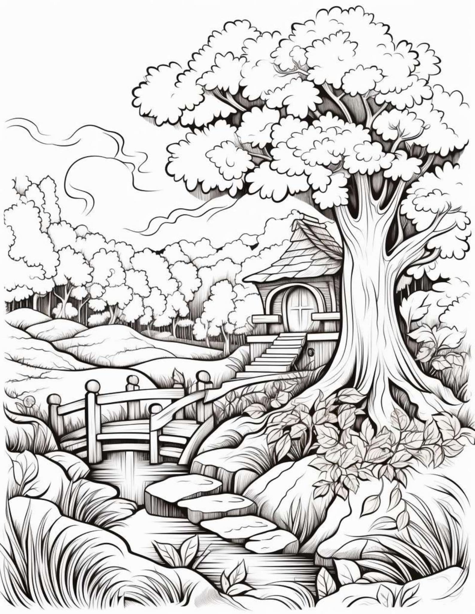 Autumn Scenery Coloring Page | Cozy Countryside Printable| Coloring ...