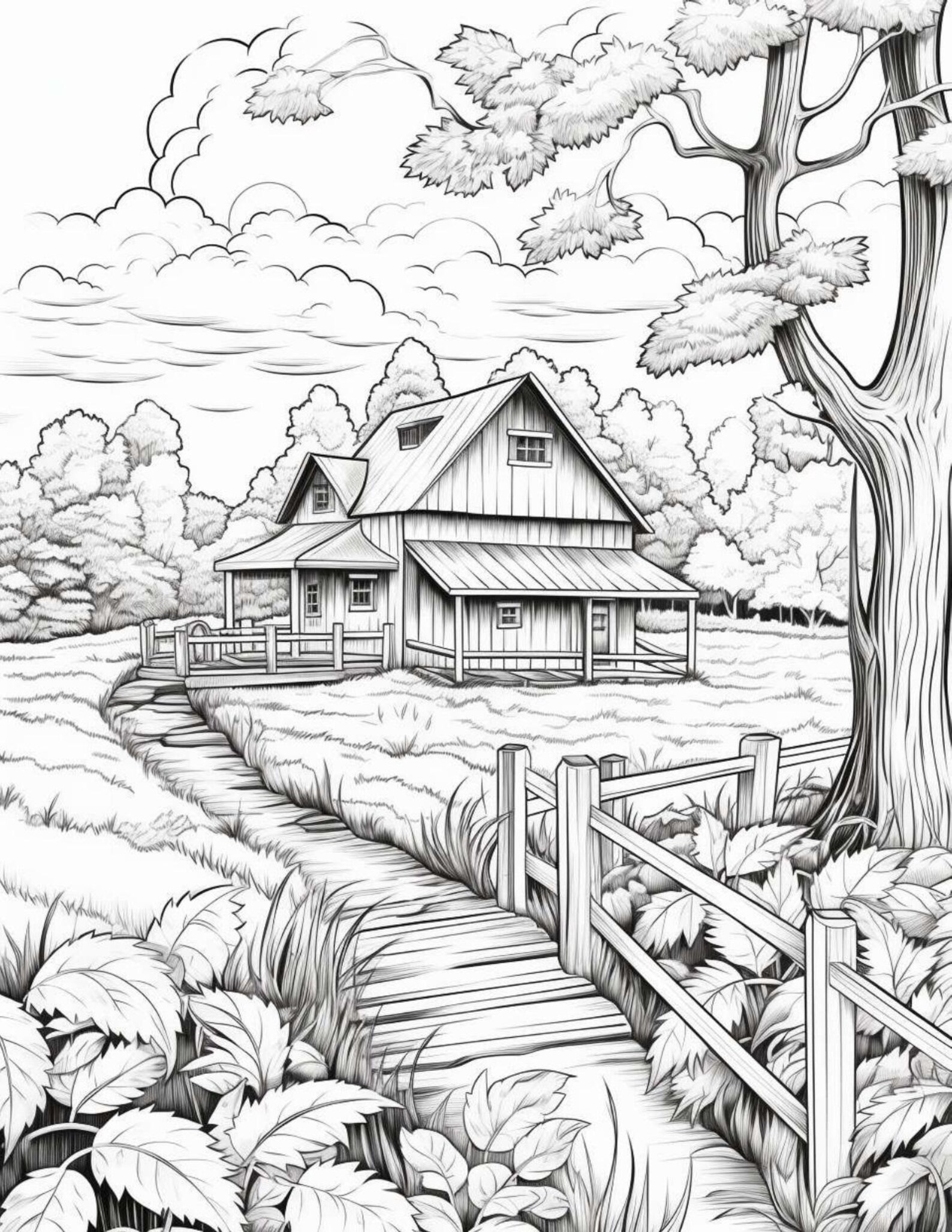 Autumn Scenery Coloring Page | Cozy Countryside Printable| Coloring ...