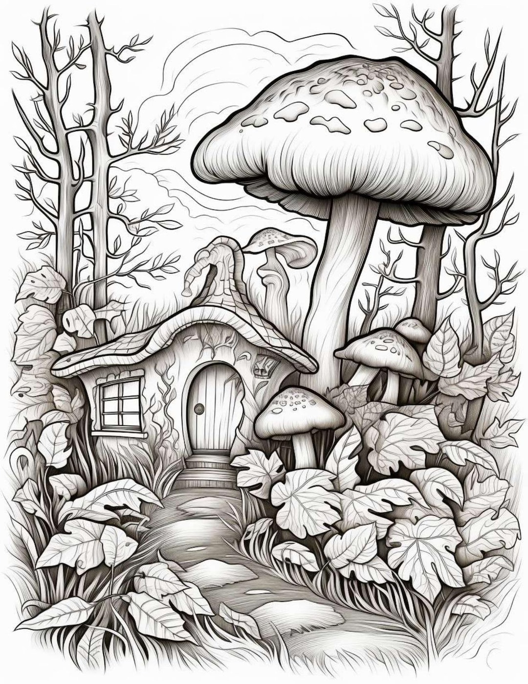 Cozy Autumn Mushroom House Coloring Page: Countryside Fall Scene ...