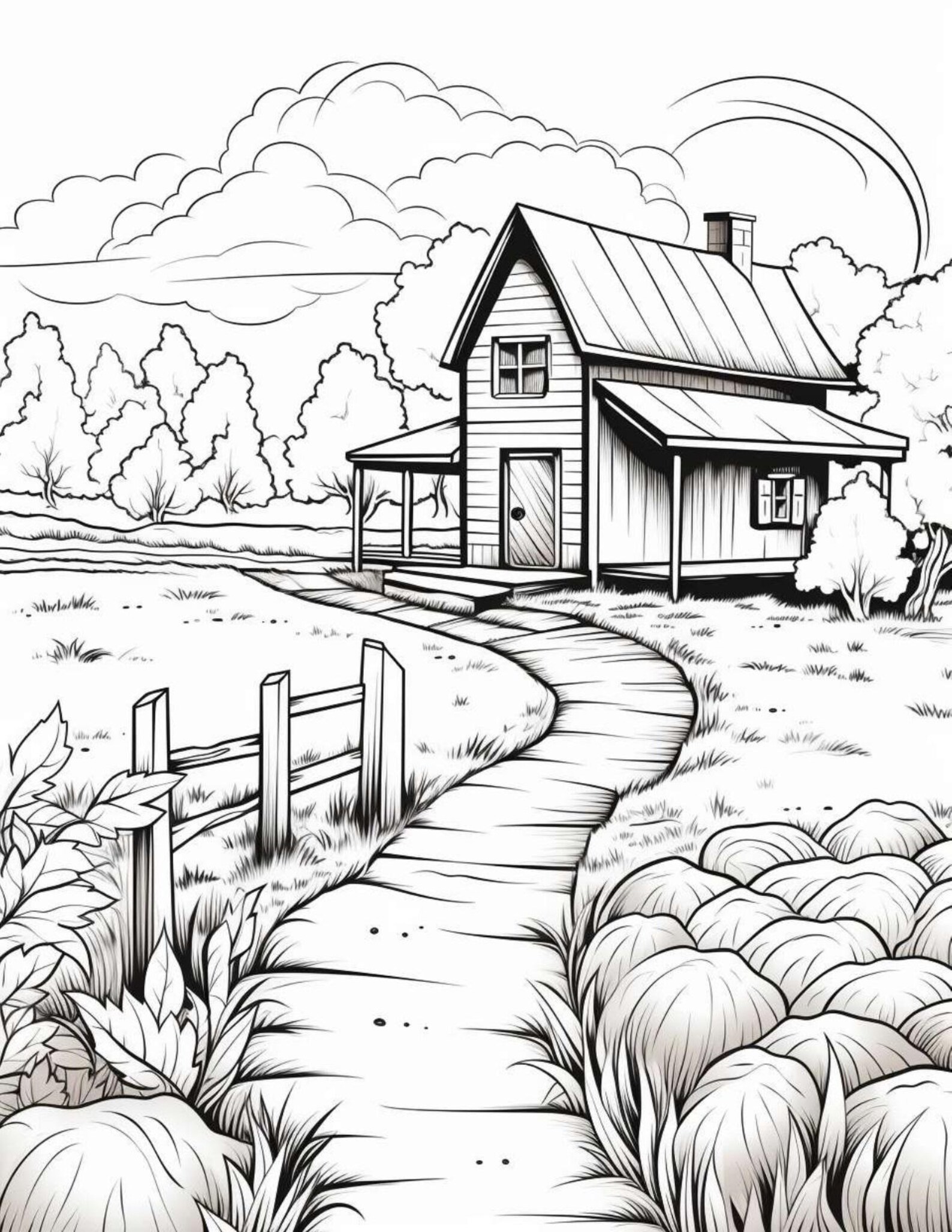 Autumn Scenery Coloring Page Cozy Countryside Printable Coloring Page ...