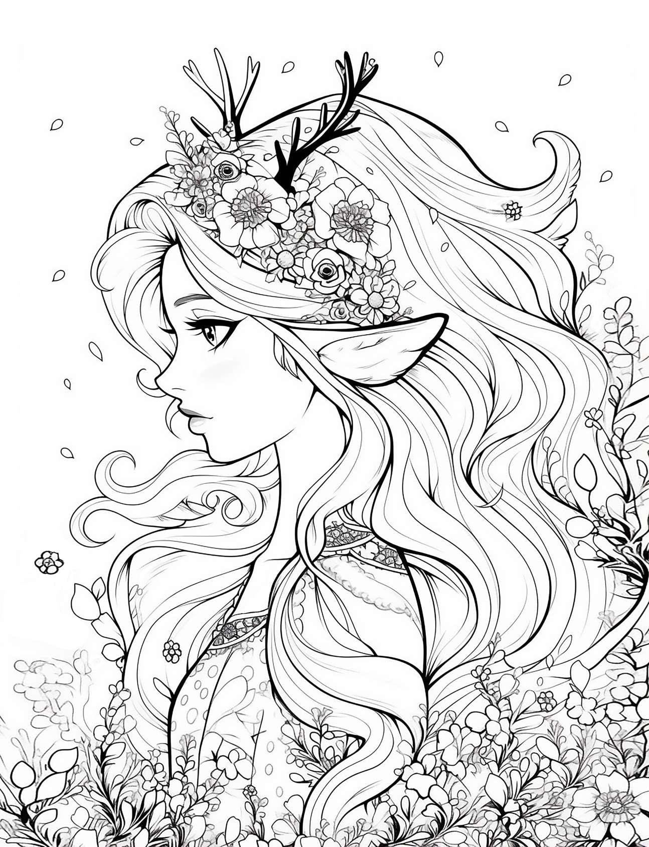 Fairy Princess Coloring Page: Floral Fantasy Art (PDF) - Etsy