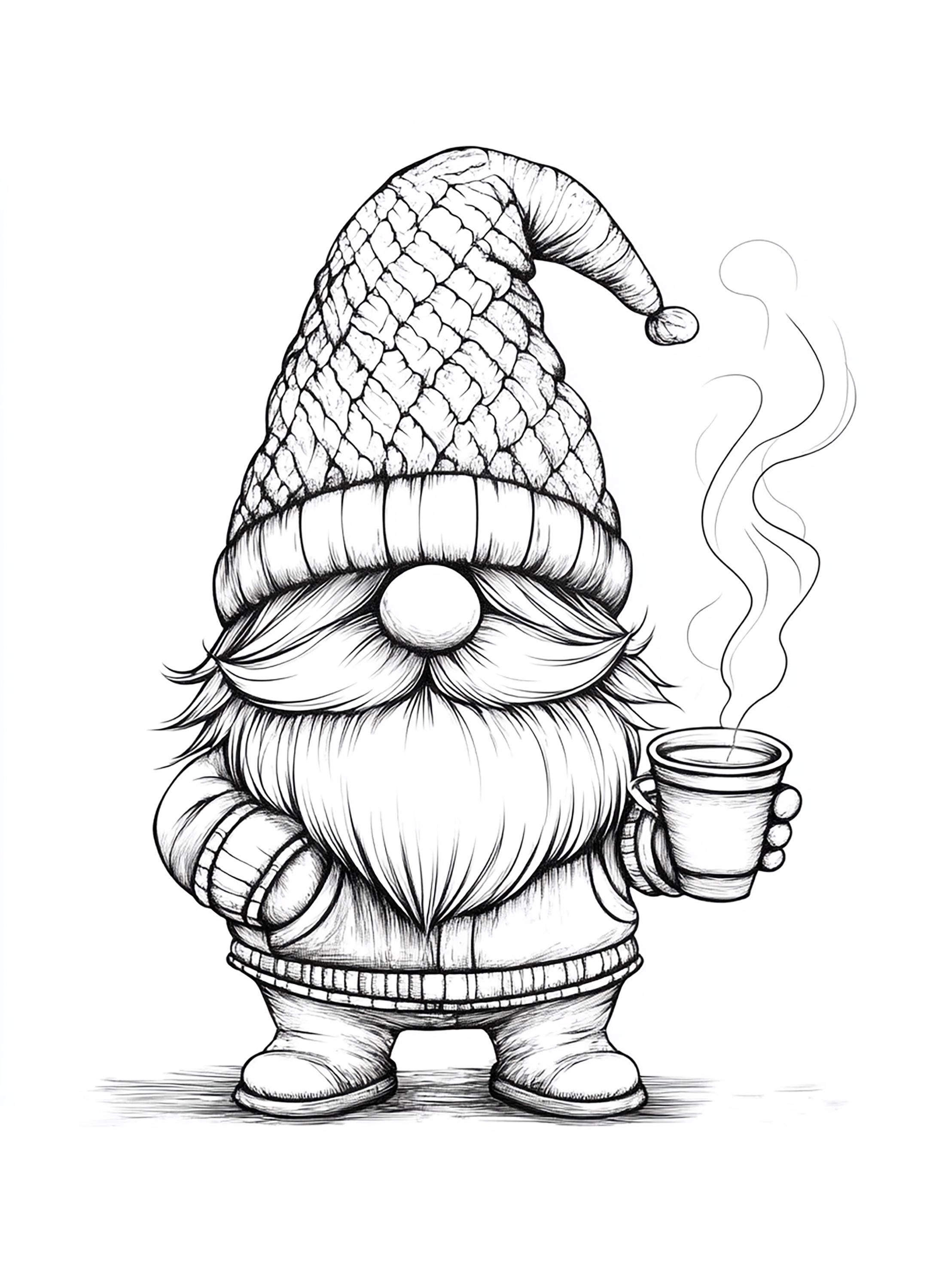 Cozy Gnome Coloring Page – Winter Gnome With Hot Drink - Etsy