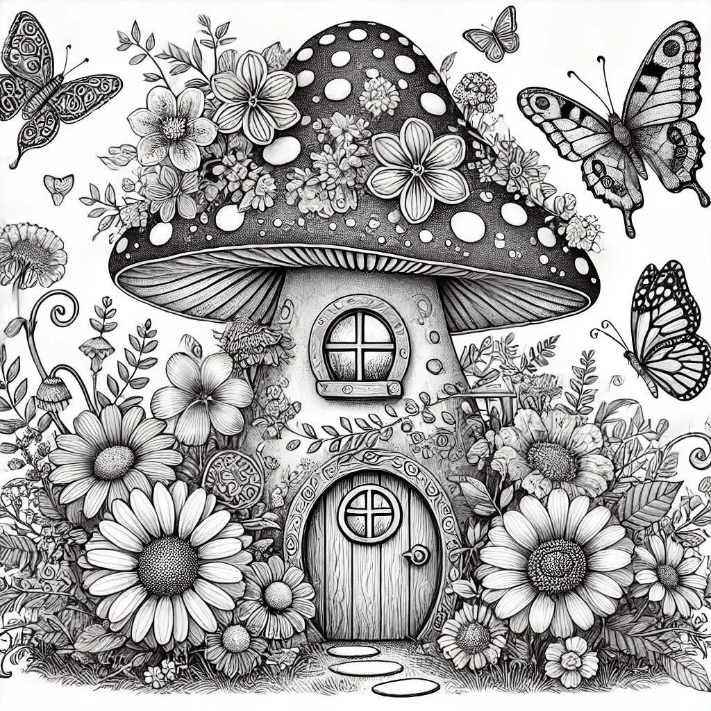 Mushroom House Coloring Page: Whimsical Fairy Cottage (digital Download ...