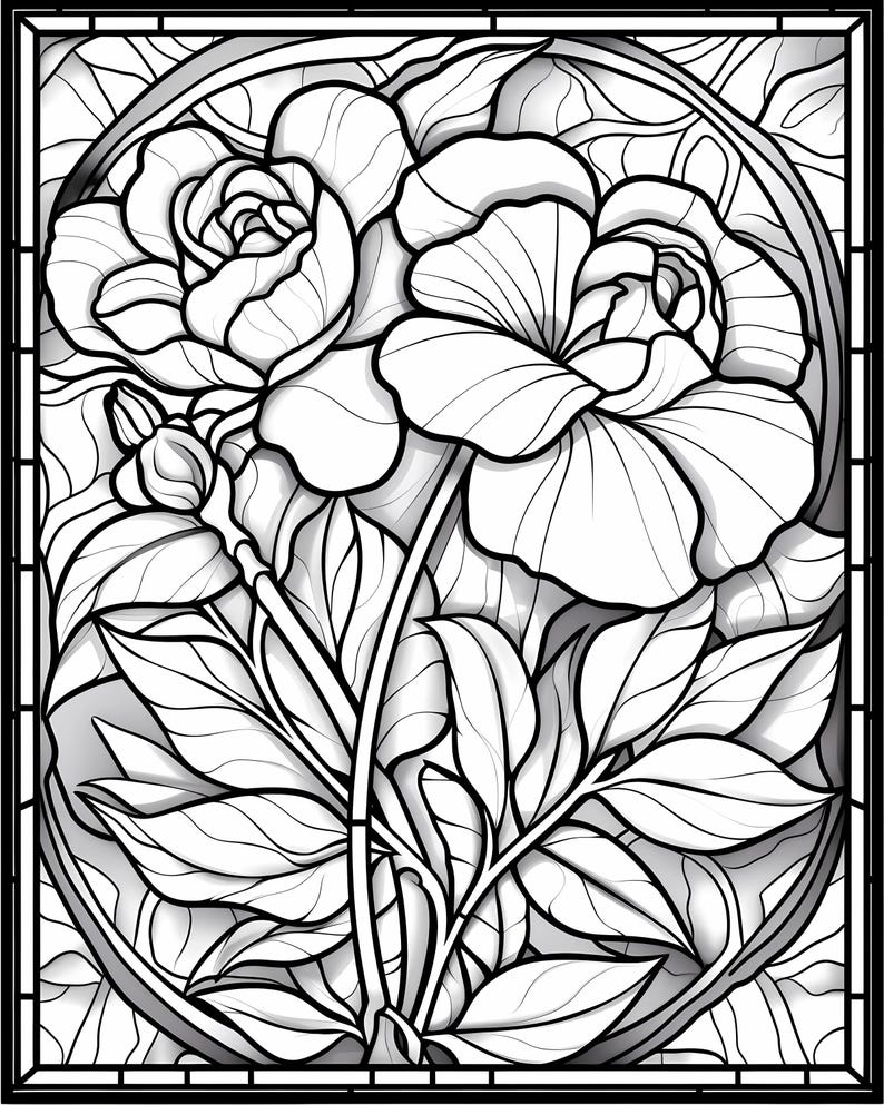 Flowers Stained Glass Coloring Pages for Adults – Printable Floral ...
