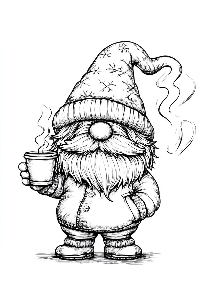 Cozy Gnome Coloring Page – Winter Gnome With Hot Drink - Etsy