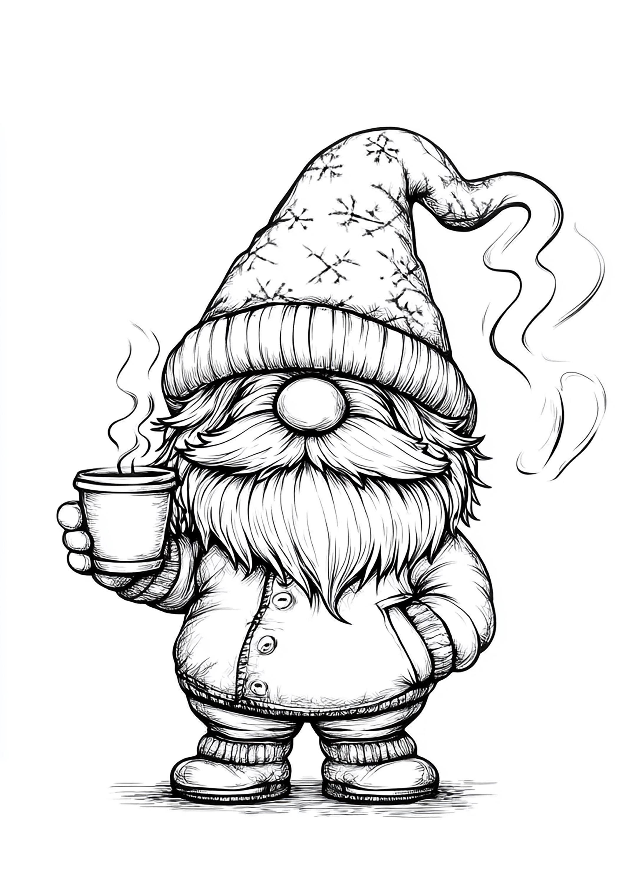 Cozy Gnome Coloring Page – Winter Gnome With Hot Drink - Etsy
