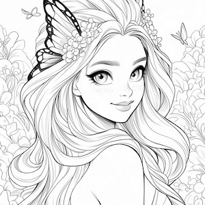 Fairy Princess Coloring Page: Floral Fantasy Art (PDF) - Etsy