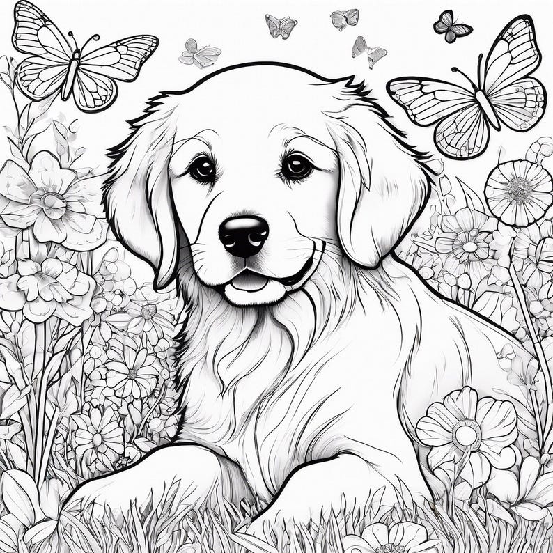 Adorable Puppy Coloring Page With Flowers & Butterflies – Printable ...