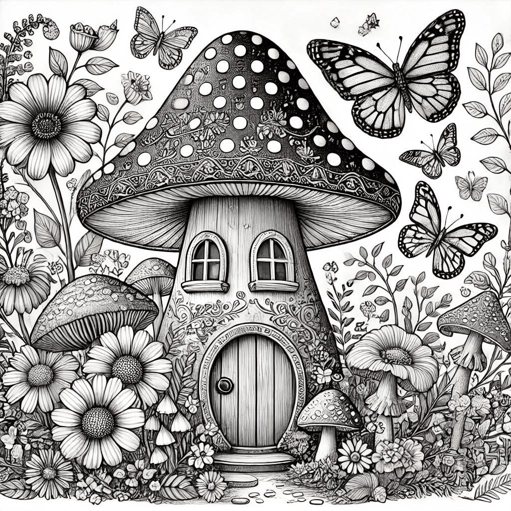 Mushroom House Coloring Page: Whimsical Fairy Cottage (digital Download ...