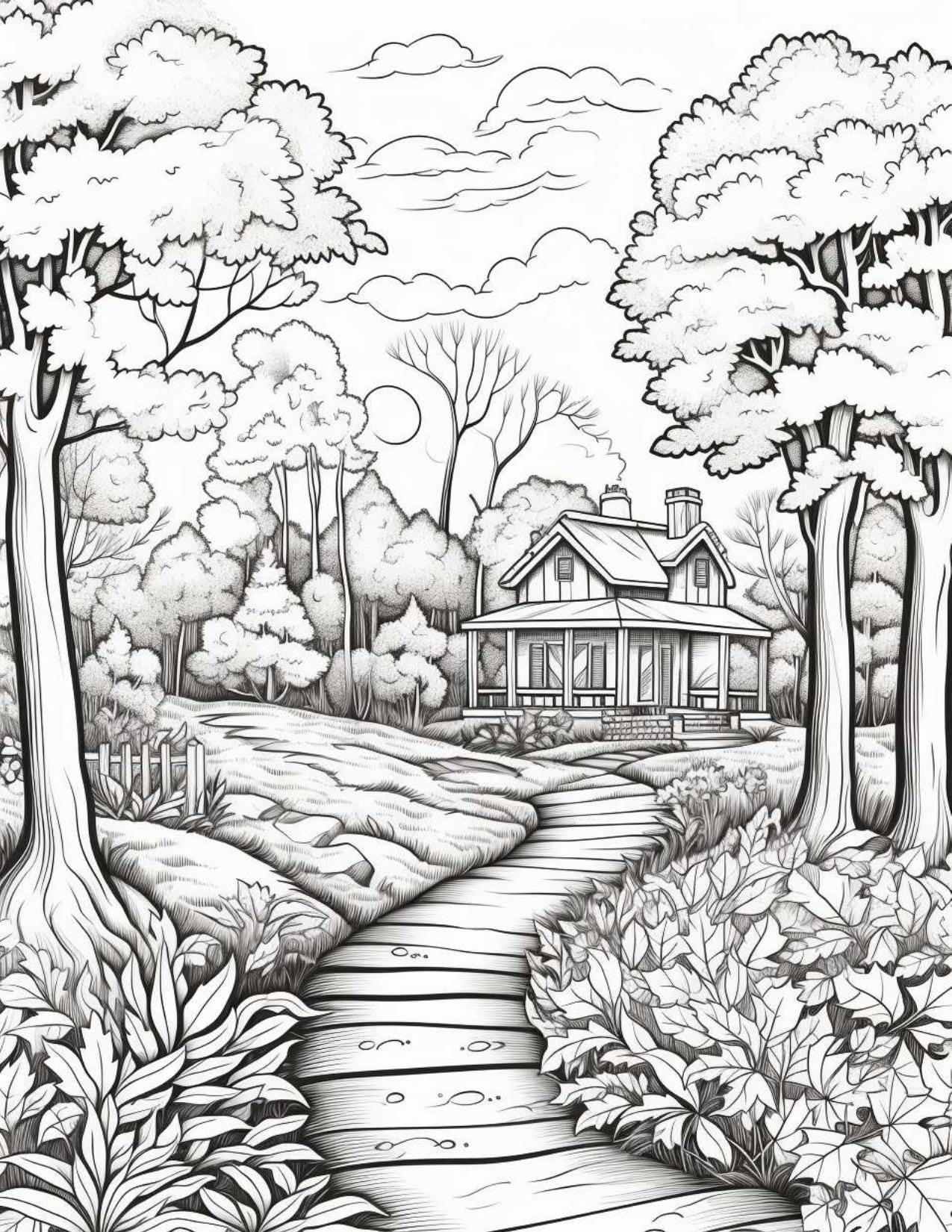 Autumn Scenery Coloring Page | Cozy Countryside Printable| Coloring ...