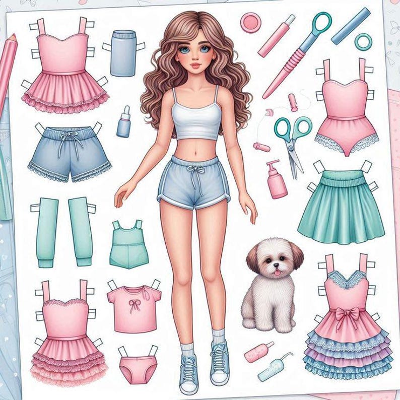 Conjunto de bonecas de papel para impressão Boneca de vestir fofa com roupas e acessórios ...