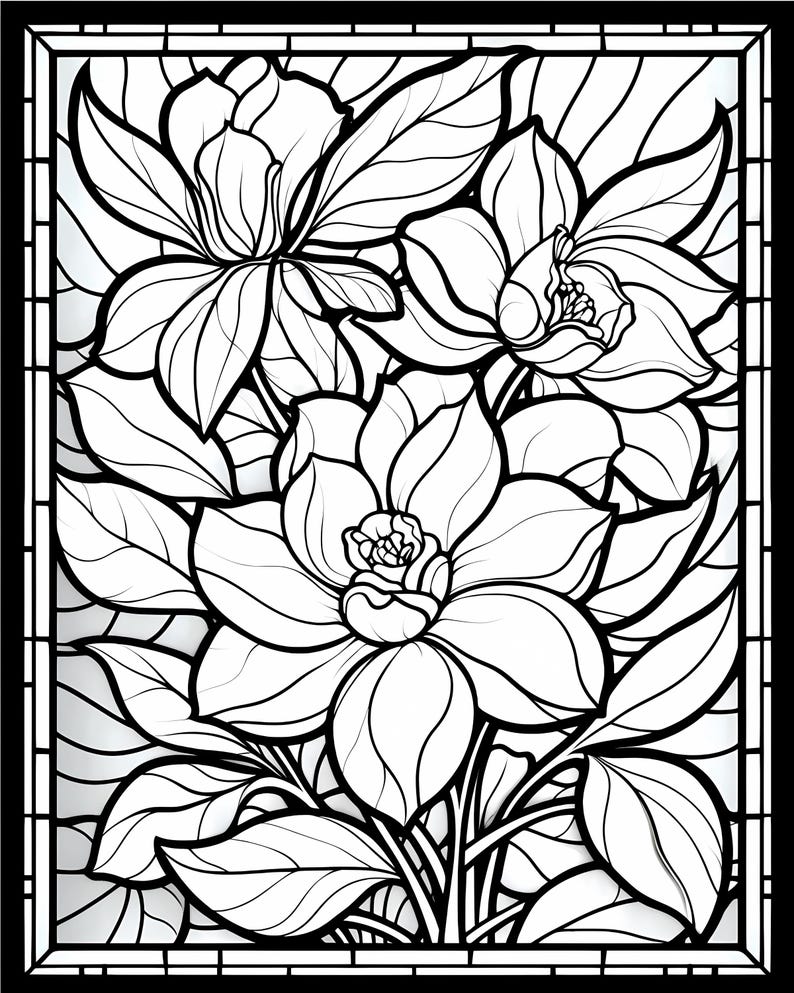 Flowers Stained Glass Coloring Pages for Adults – Printable Floral ...